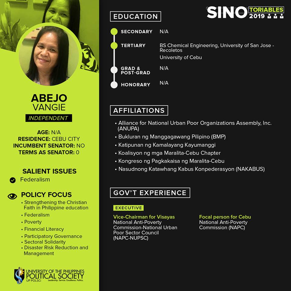 Abejo, Evangeline “Vangie” Roche (IND) – UP sa Halalan